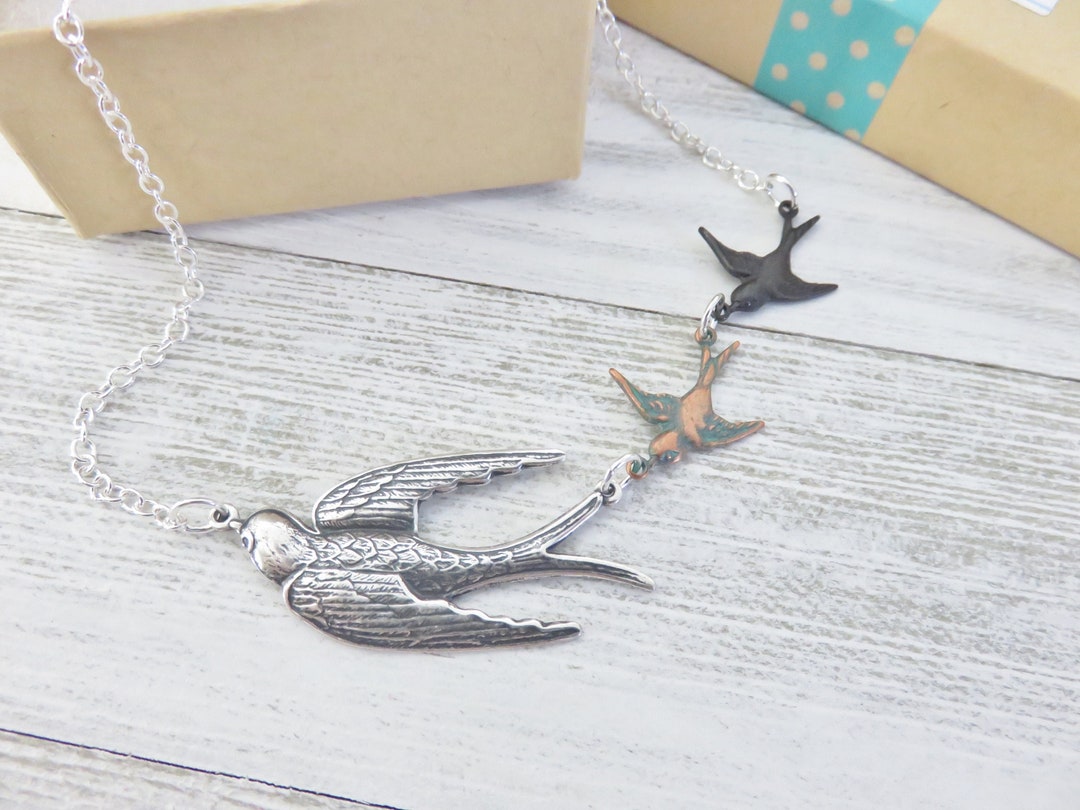 Mixed Metal 3 Birds Necklace You Choose Length, Silver Sparrow Necklace ...