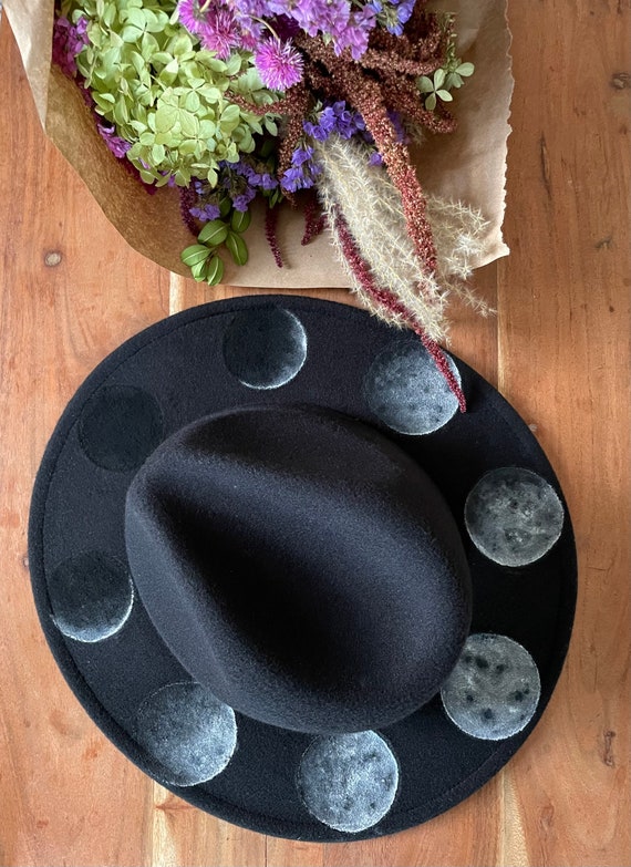 Full Moon Painted Boho Hat. Wide Brim Fedora Hat. Moon Phases. - Etsy
