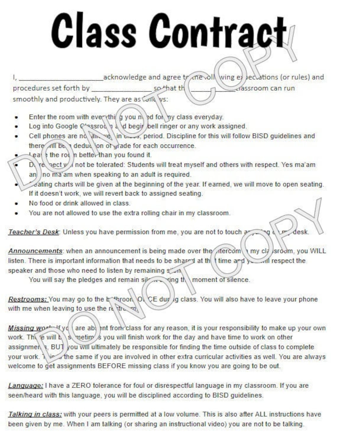 High School Business Class Contract- Teacher Materials- CTE Class ...