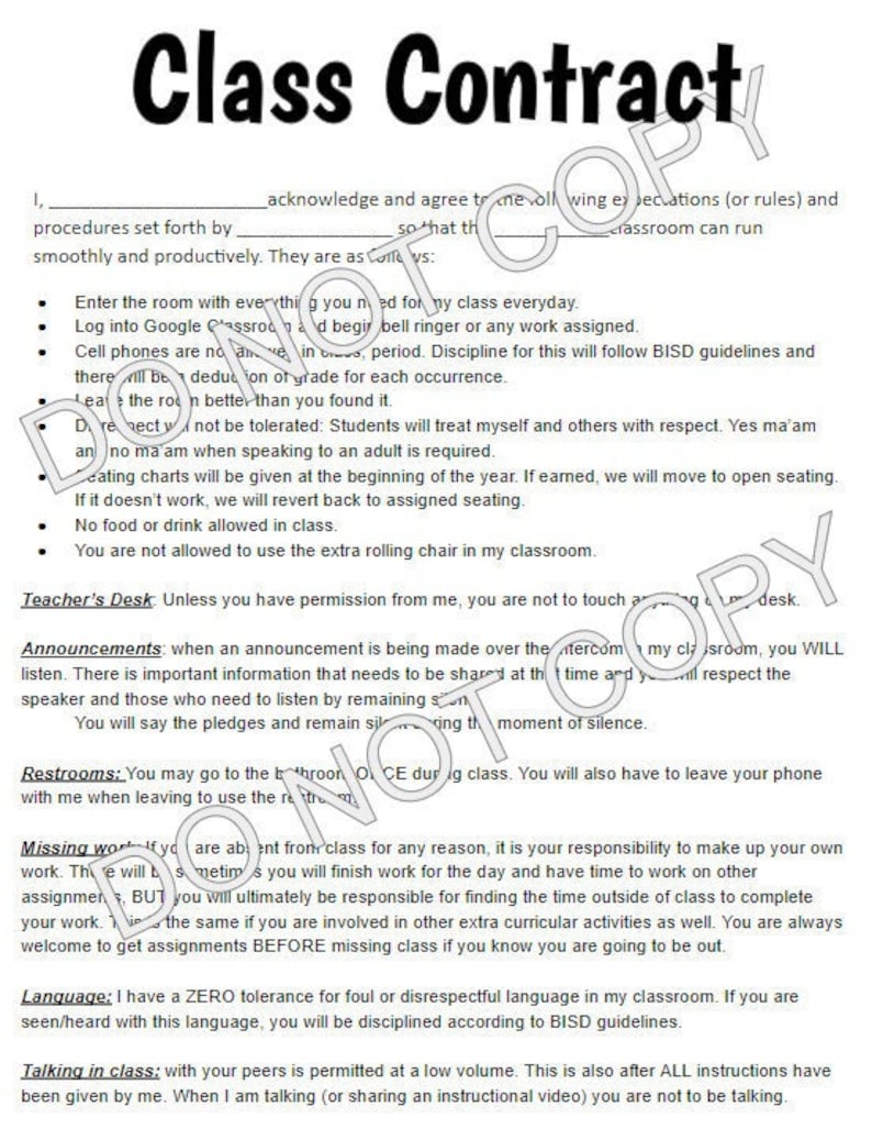 High School Business Class Contract- Teacher Materials- CTE Class-classroom Management- Teacher ...