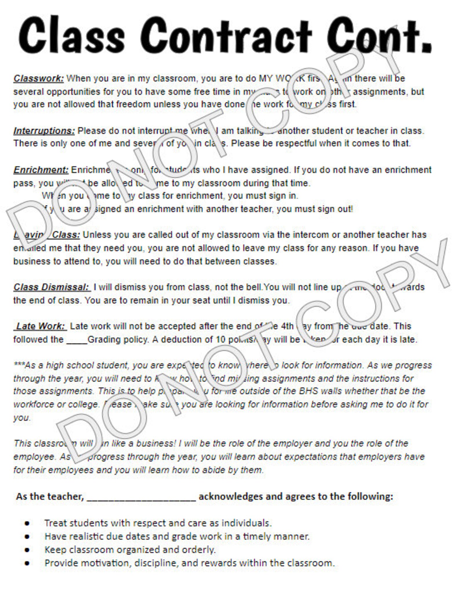 High School Business Class Contract- Teacher Materials- CTE Class ...