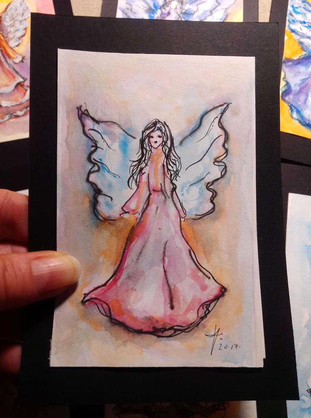 Original Angel Watercolor and Ink Pen Painting Guardian Angel Small ...