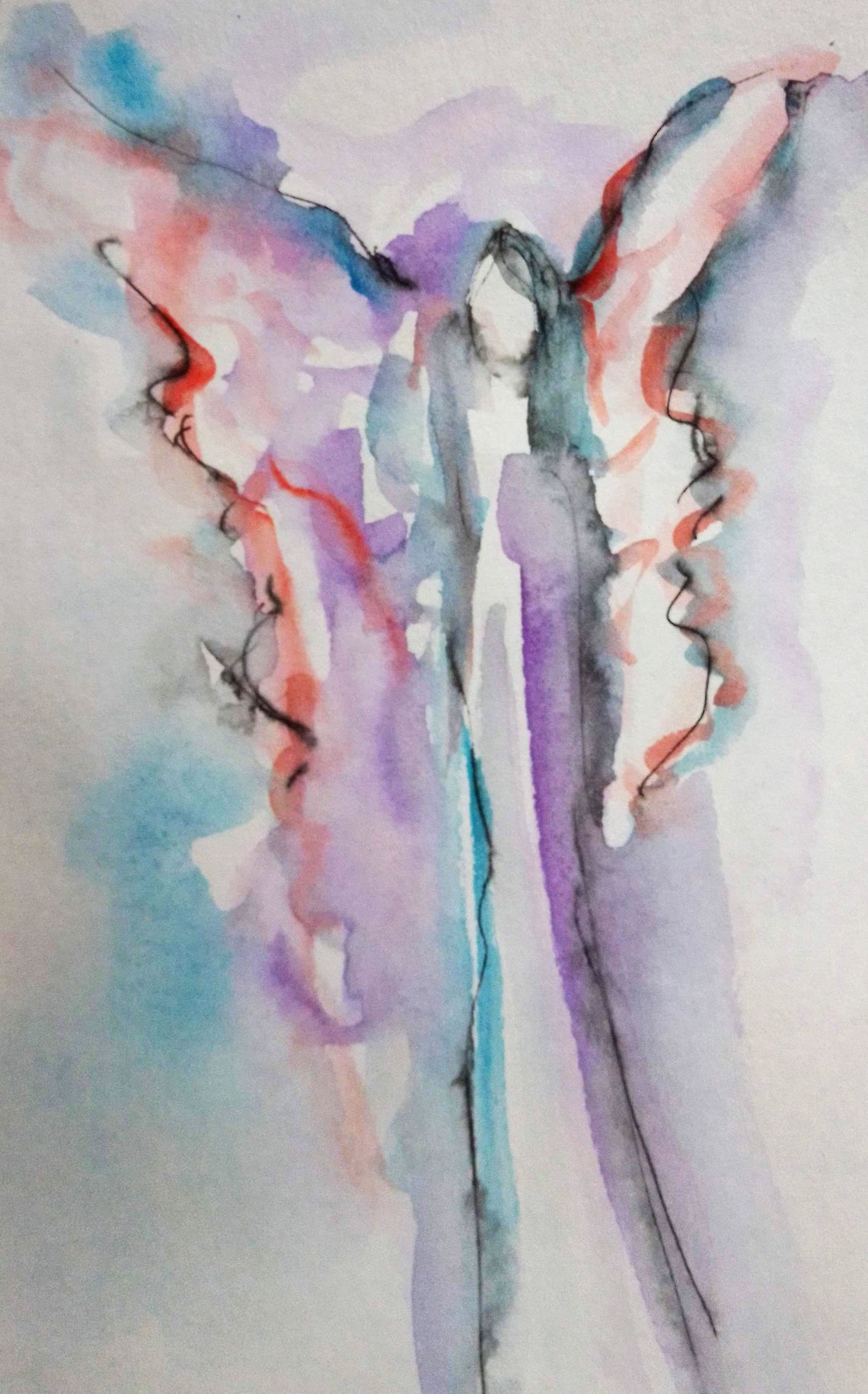 Moderne Aquarell Original Engel Malerei, Spirituelle Kunst, Tinte Stift ...