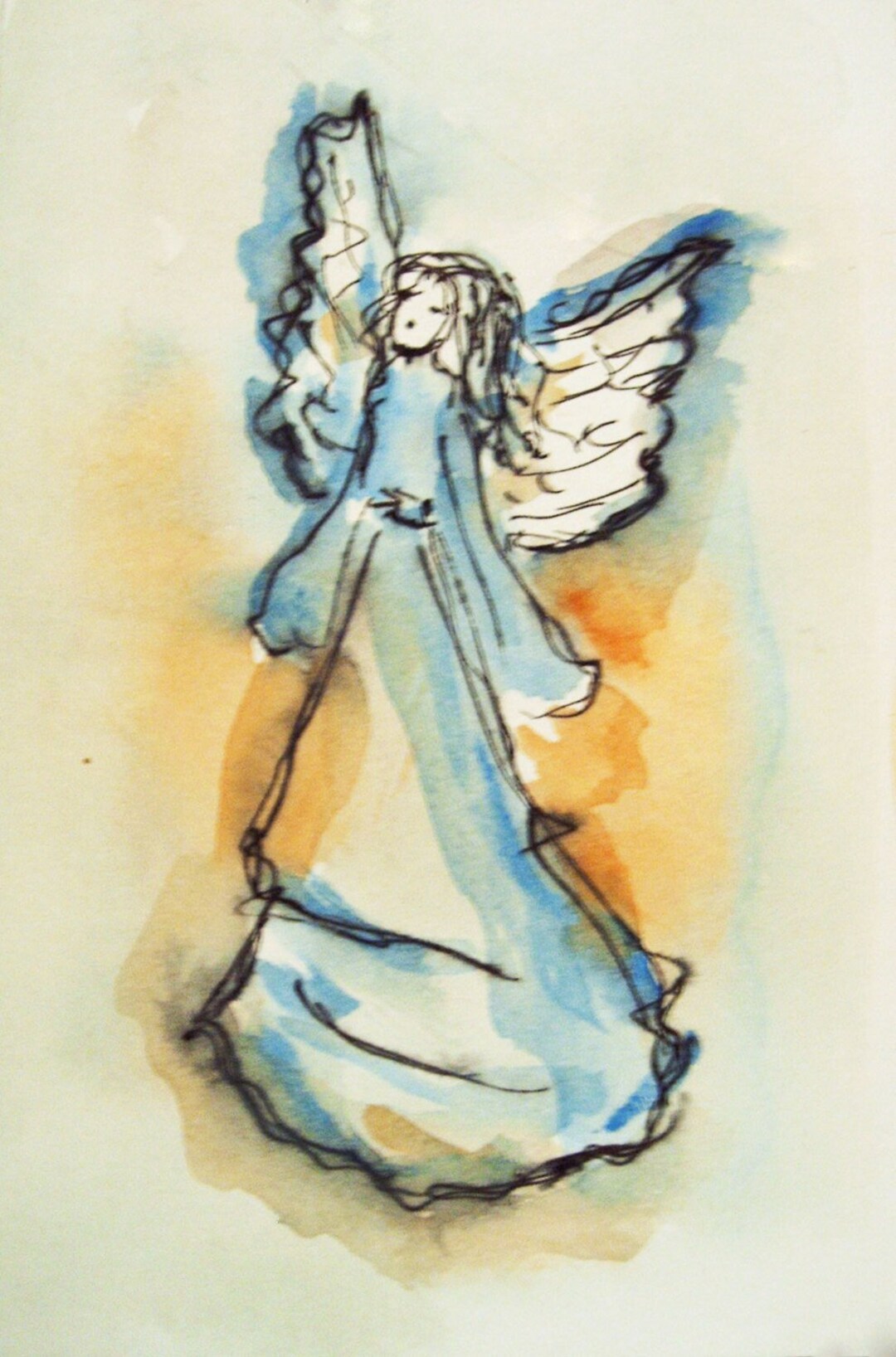 Angel Painting, Original Watercolor and Ink Pen, Painting, Guardian ...