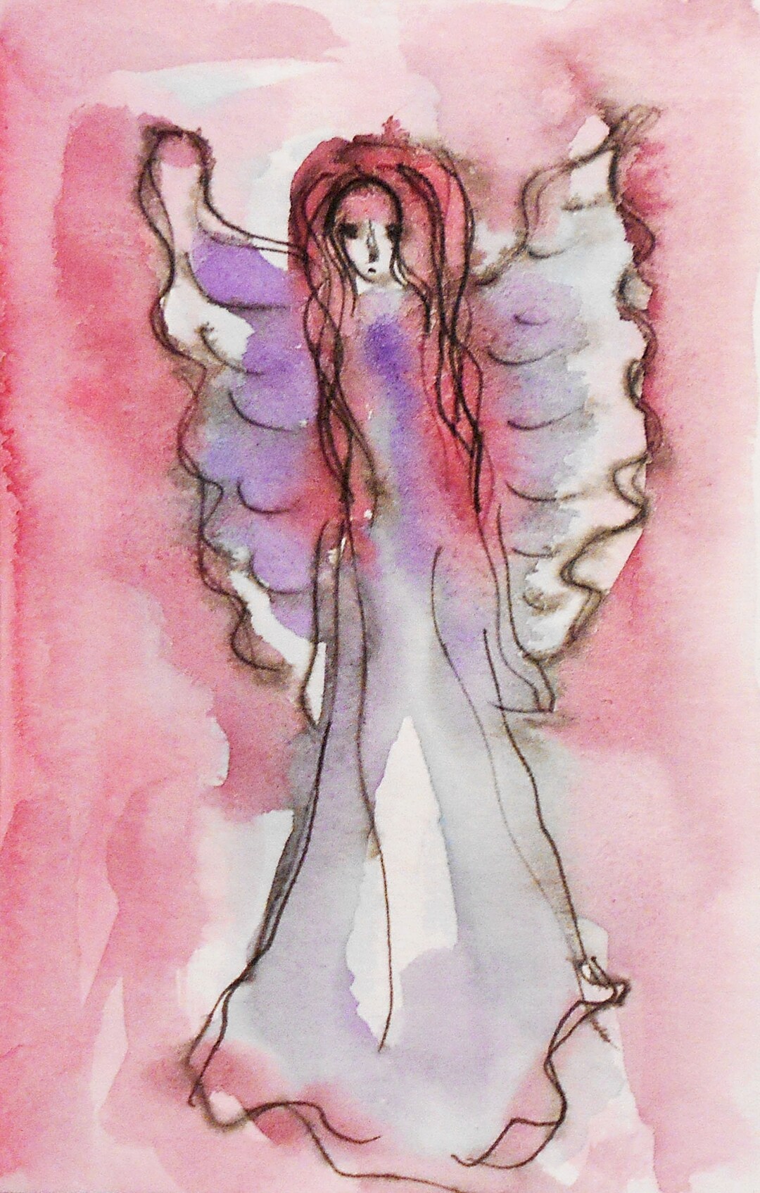 Original Angel Watercolor and Ink Pen Painting Guardian Angel Small ...