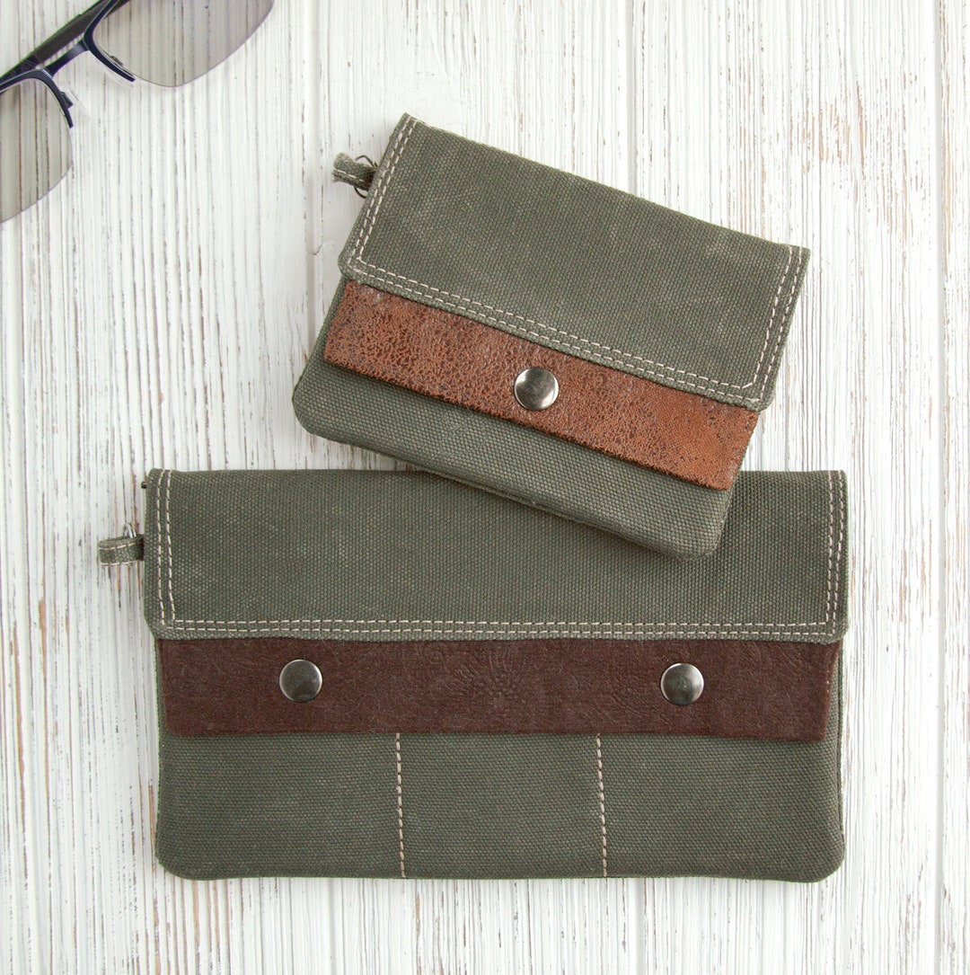 Waxed Canvas Wallet/wristlet With Vegan Leather for ID, Credit Cards ...