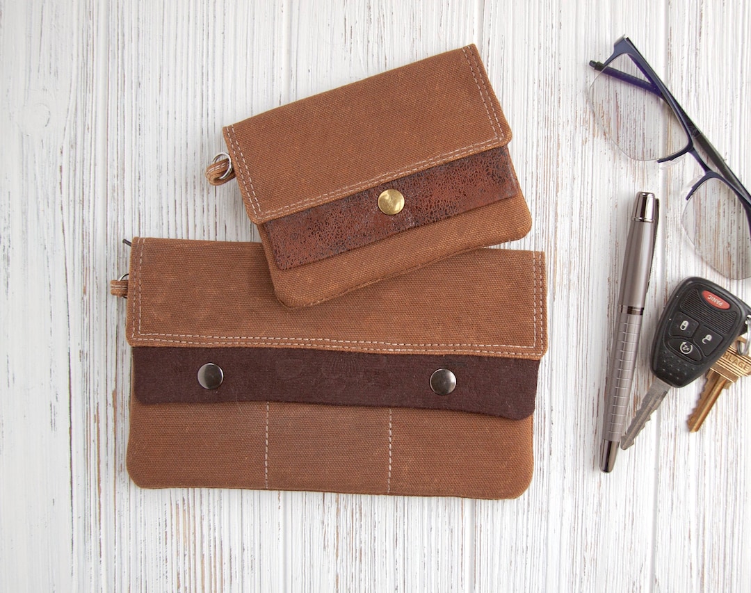 Waxed Canvas Wallet/wristlet With Vegan Leather for ID, Credit Cards ...