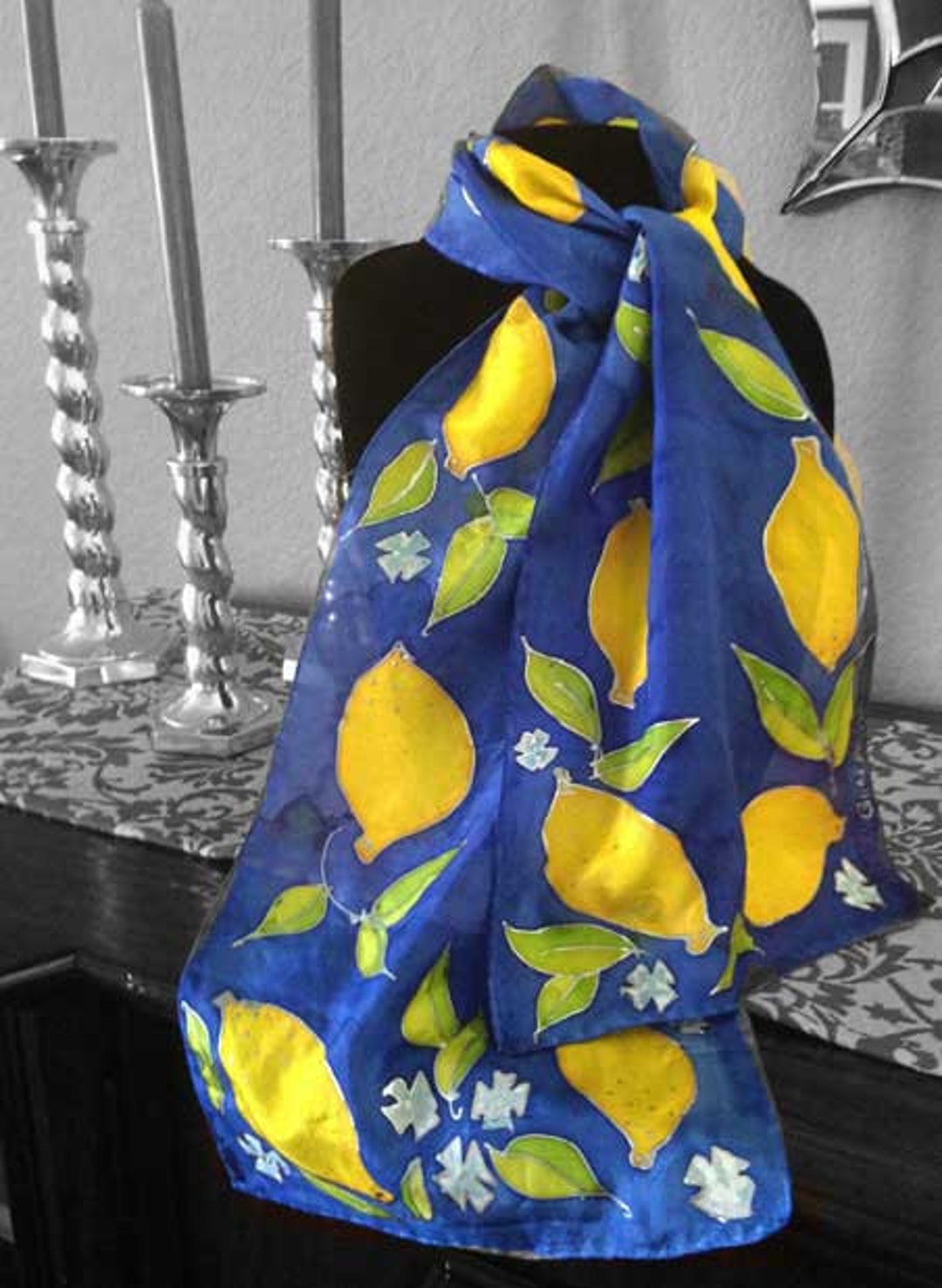 Mothers Day Gift Present, Hand-painted Silk Scarf: "capri Lemons" -blue ...