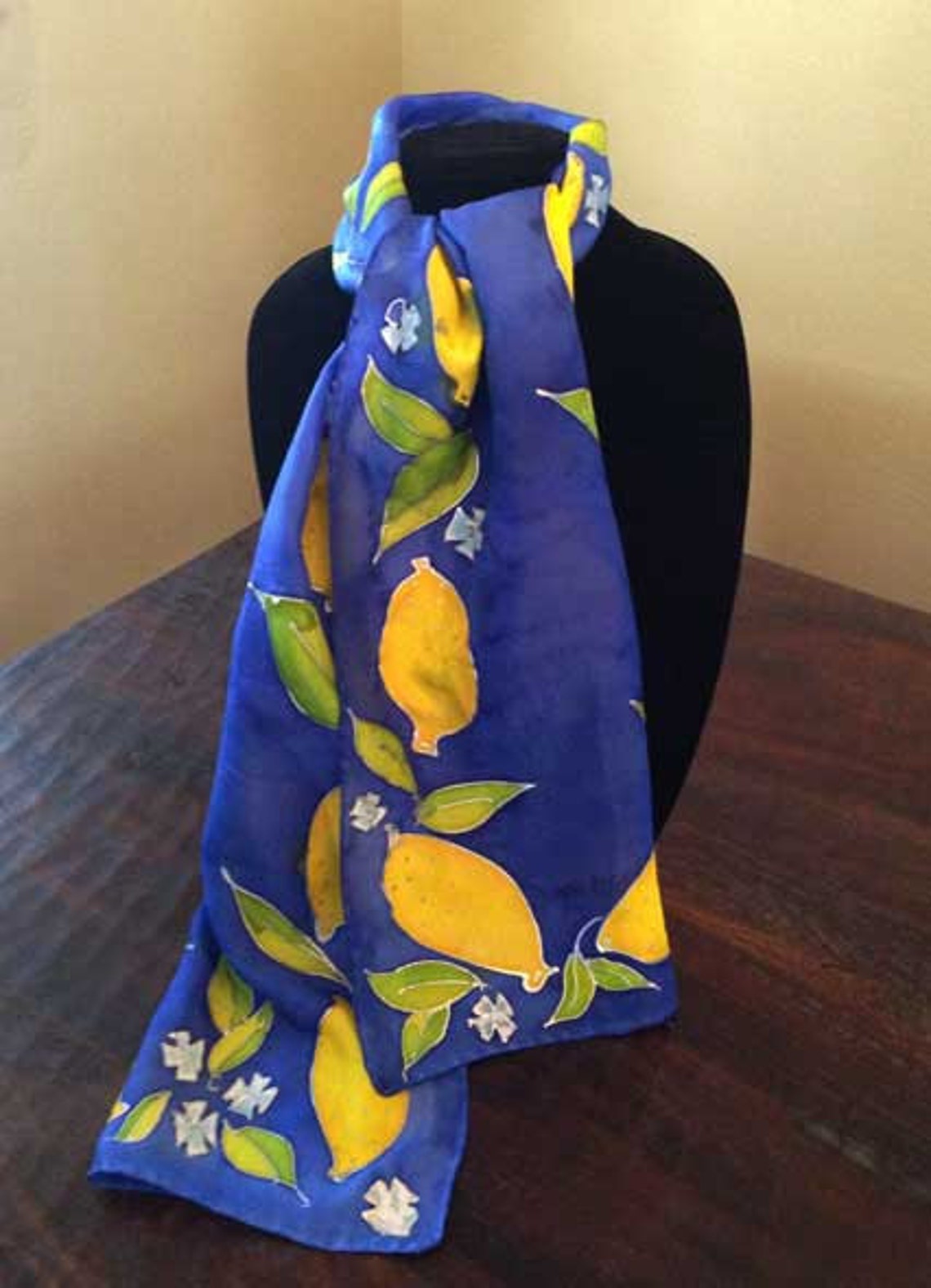 Hand-painted Silk Scarf: capri Lemons blue and Yellow Lemons, Unique ...