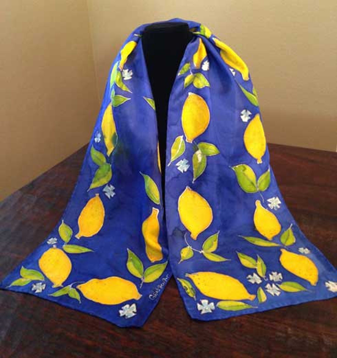 Hand-painted Silk Scarf: capri Lemons blue and Yellow Lemons, Unique ...