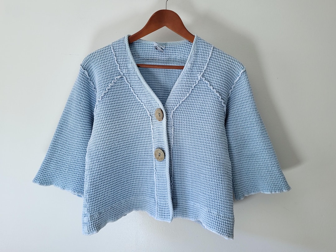 Shrunken Waffle Cardigan - Sky Blue Cotton - Vintage 90s Focus - Womens ...