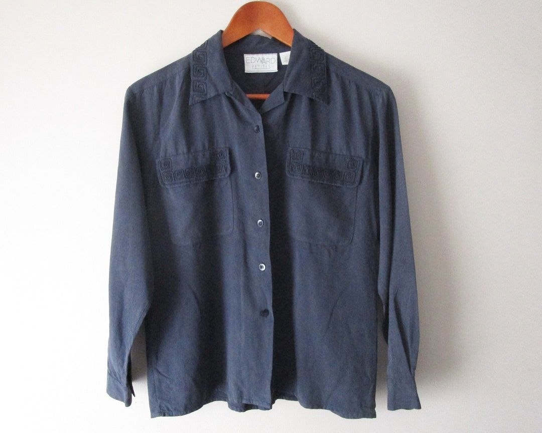 Vintage Black Silk Blouse Edward Petites 90s Minimalist Button Down ...