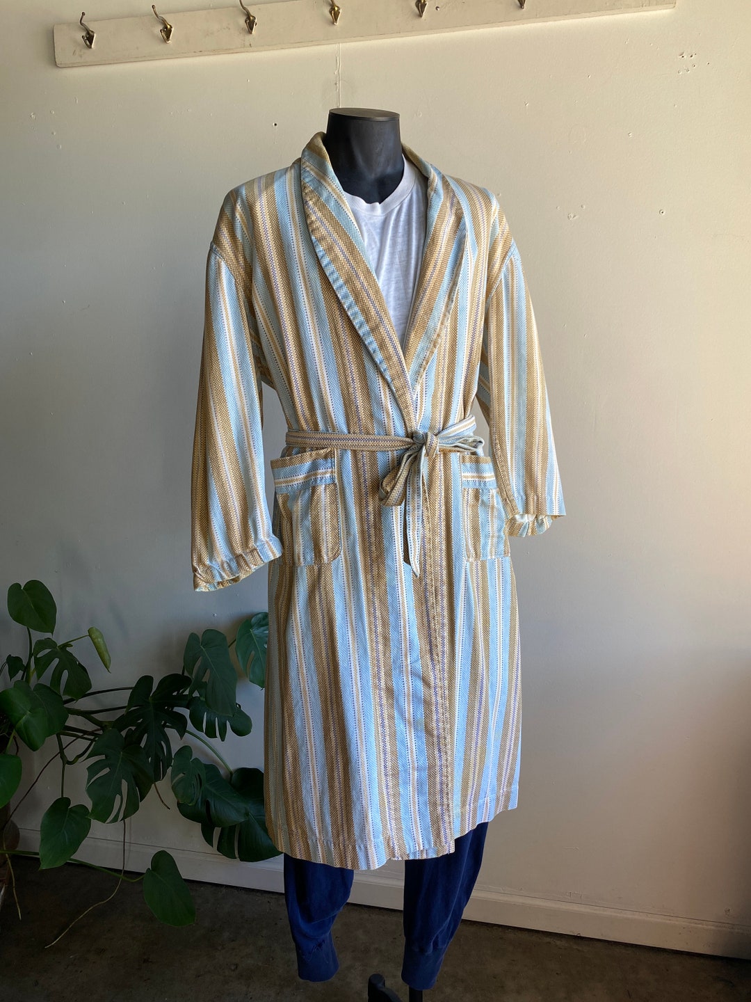 1960s Heavy Cotton Striped Blue Gold Robe L-XL - Etsy