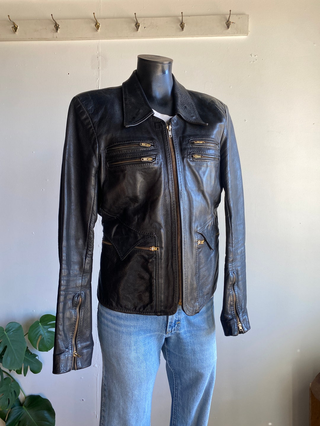 1970s Sunclaf & Co Black Leather Jacket Goth Batman Look Brass - Etsy