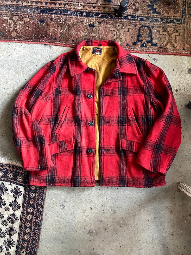 1950s JC Higgins Red Plaid Heavy Wool Mackinaw Hunting Winter Coat Mens ...