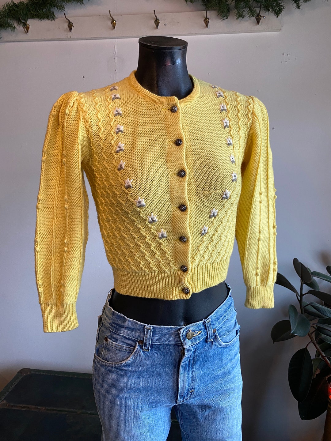 Vintage Giesswein Austrian Lemon Yellow Button up Puff Sleeve Knit ...
