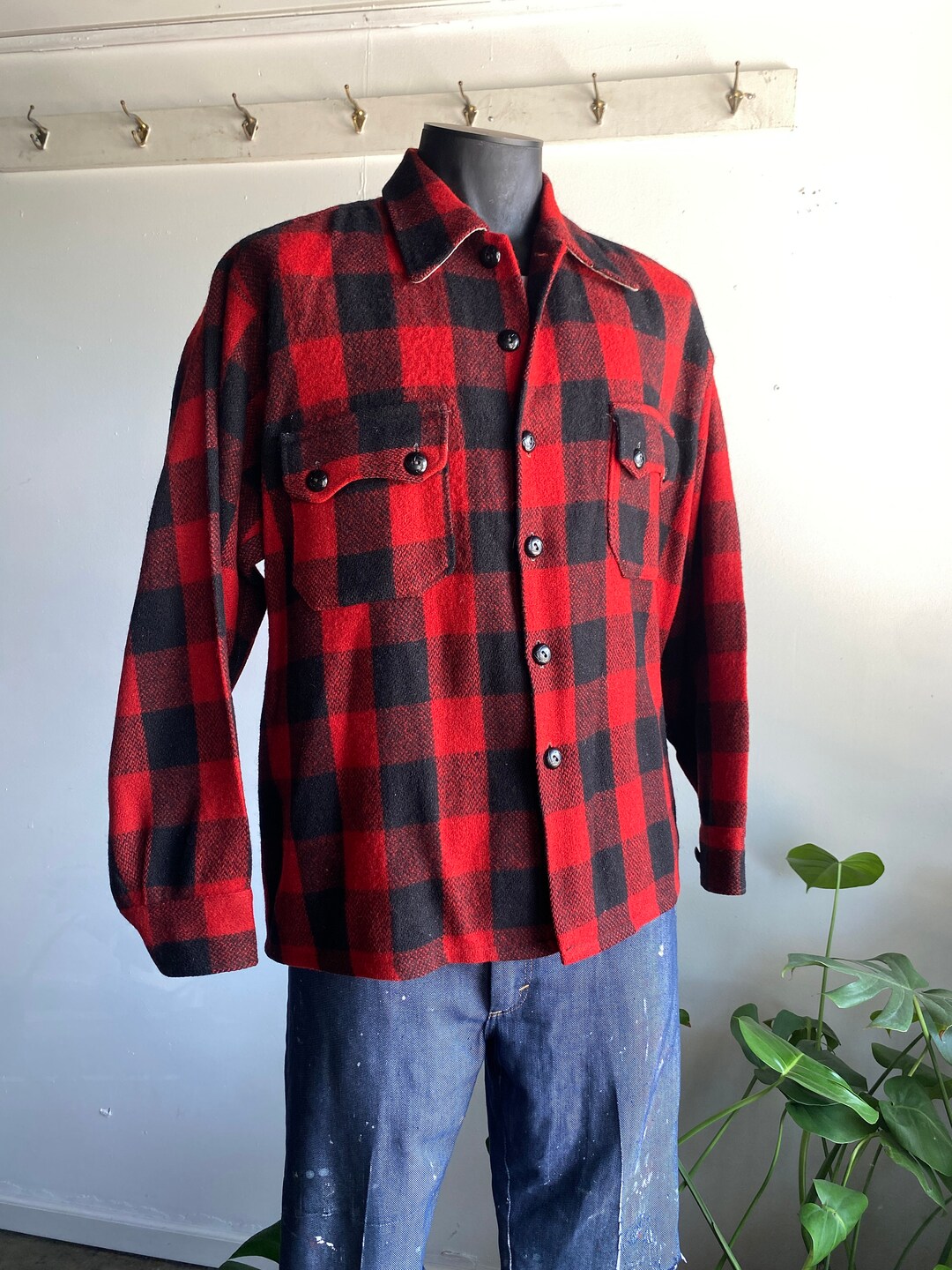 1950s Lumber King Red Black Buffalo Check Wool Button up Shirt Jacket ...