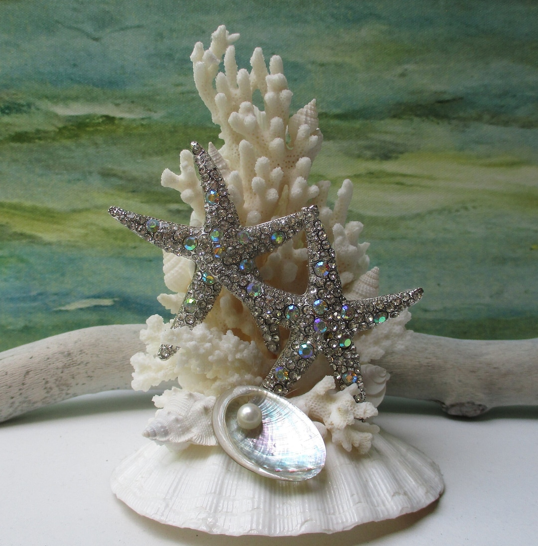 Beach Theme Wedding Cake Topper, Crystal Starfish Coral Seashell Cake ...