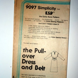 Simplicity 9097 Vintage Pattern Pullover Dress and Belt Misses Size U ...