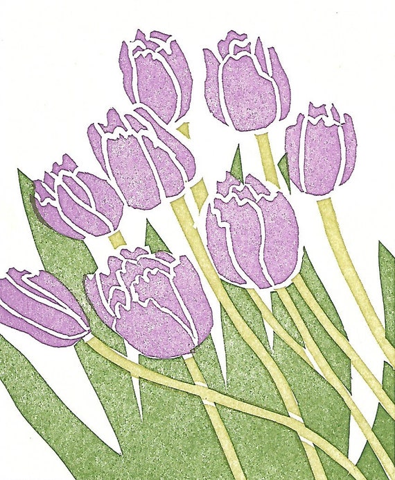 Tulips Linocut Card Lavender and 2 Greens | Etsy