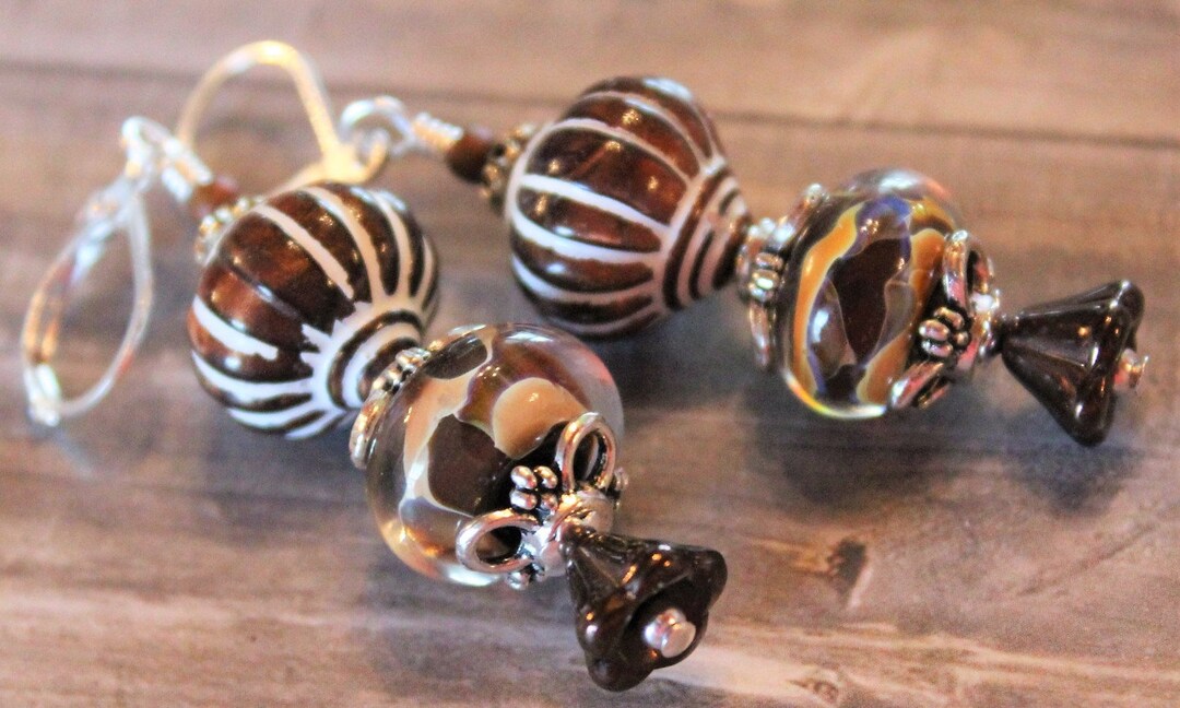 Silver Earrings with Brown and Caramel Lampwork Beads, Vintage Acrylic ...