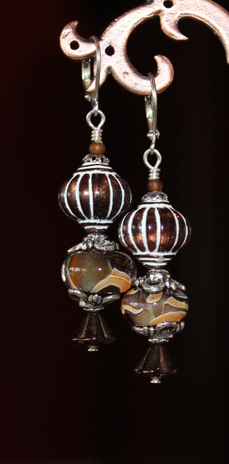 Silver Earrings with Brown and Caramel Lampwork Beads, Vintage Acrylic ...