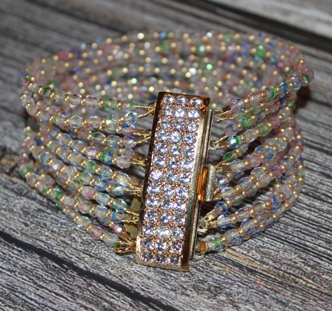 Twelve Strand Bracelet, Faceted Iris Glass Beads & Gold Japanese Glass ...