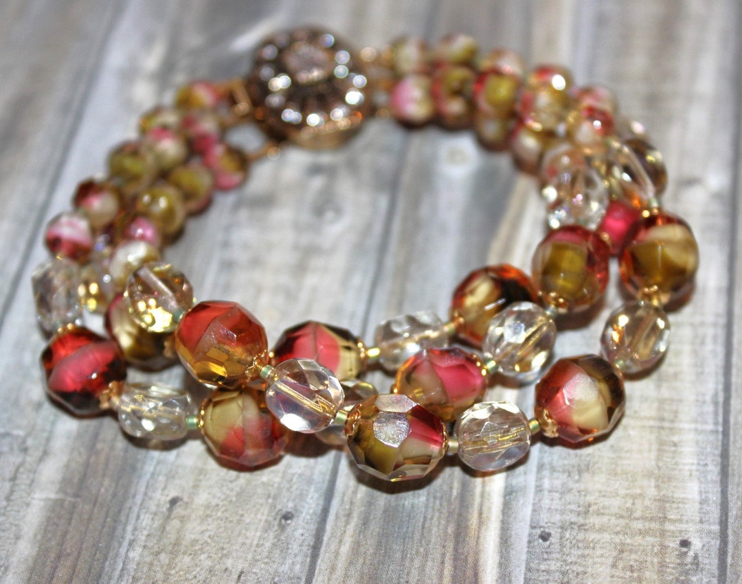 Three Strand Vintage Neapolitan Givre Art Glass Beaded Bracelet, Pink ...