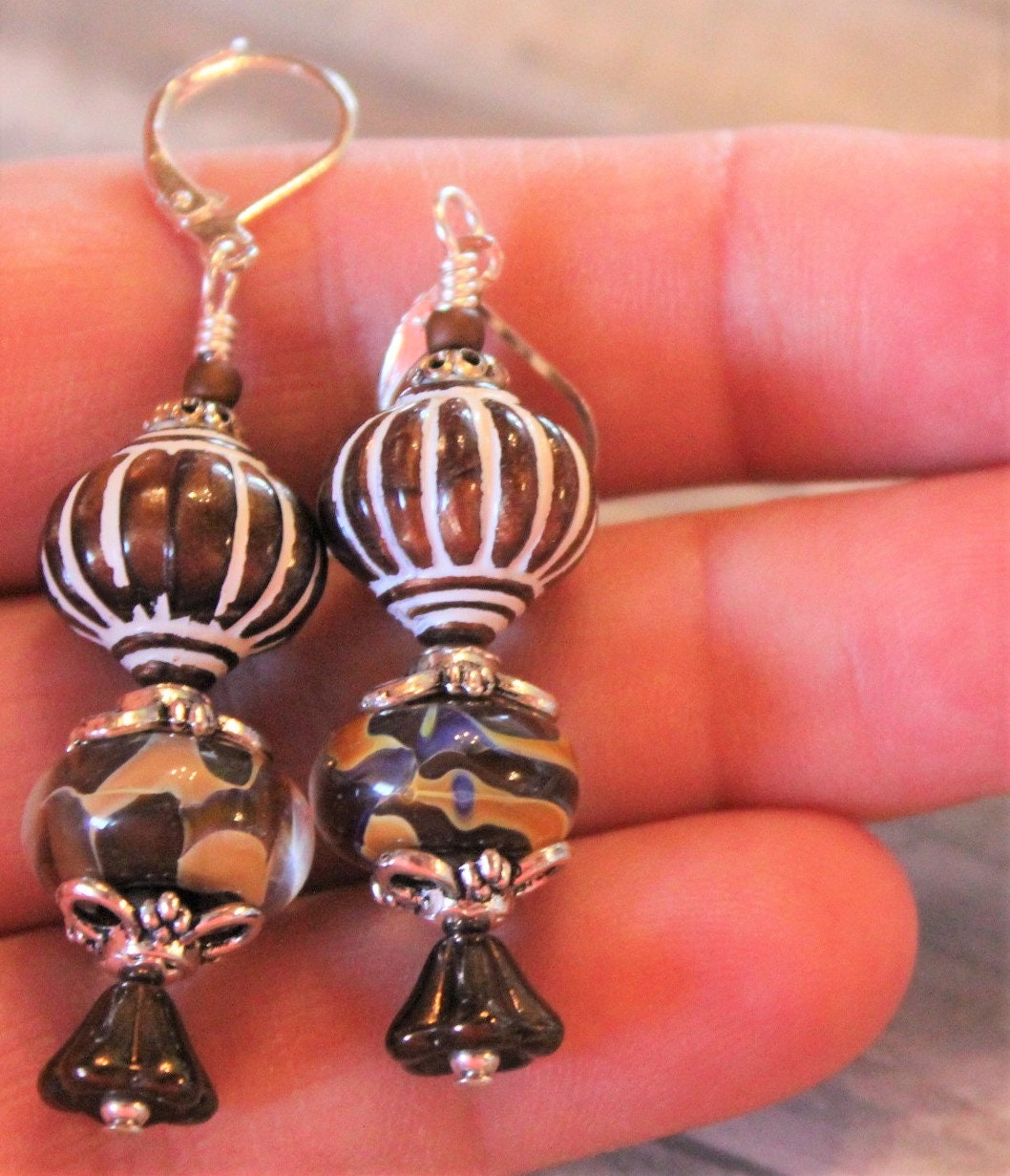 Silver Earrings with Brown and Caramel Lampwork Beads, Vintage Acrylic ...