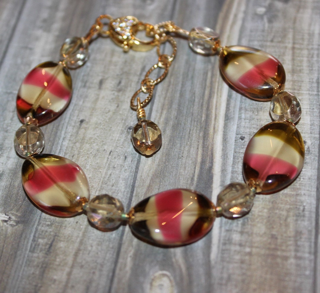 Vintage Neapolitan Givre Art Glass Beaded Bracelet, Pink, Cream, Olive ...