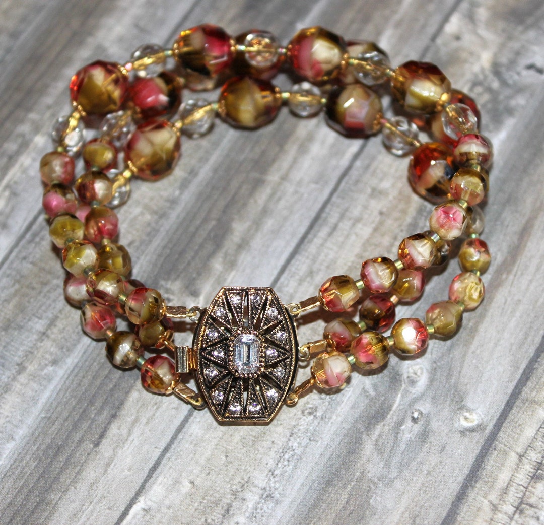 Three Strand Vintage Neapolitan Givre Art Glass Beaded Bracelet, Pink ...