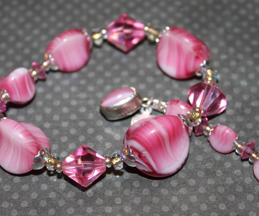 Vintage Glass Beaded Pink Necklace, Vintage Slag Glass, Original ...