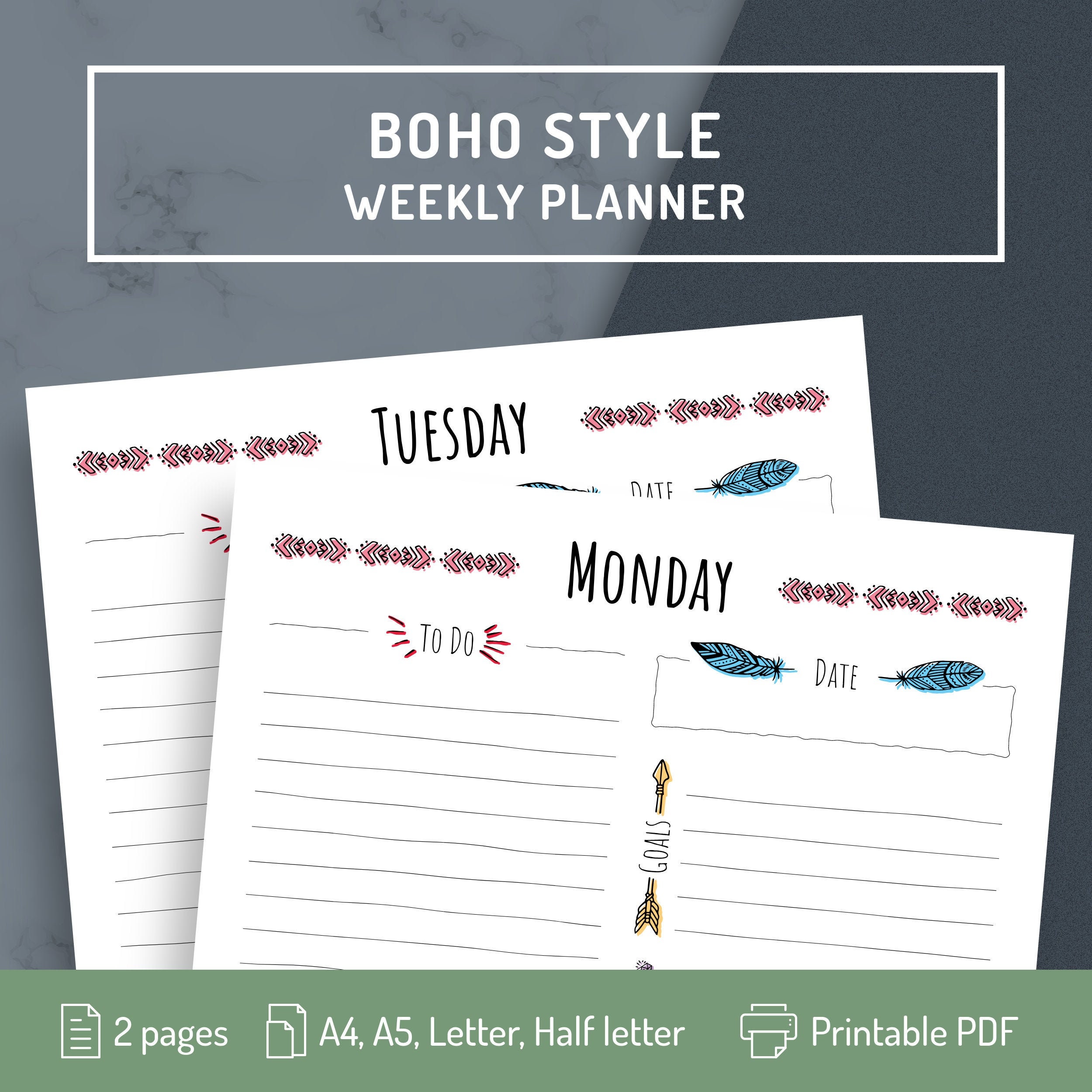 Boho Style Weekly Planner Printable Templates 7 Daily Pages | Etsy