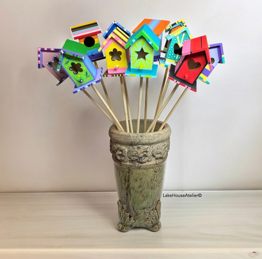 Birdhouse, Mini Wood Floral Pick. Mini Birdhouse Picks for Planters ...