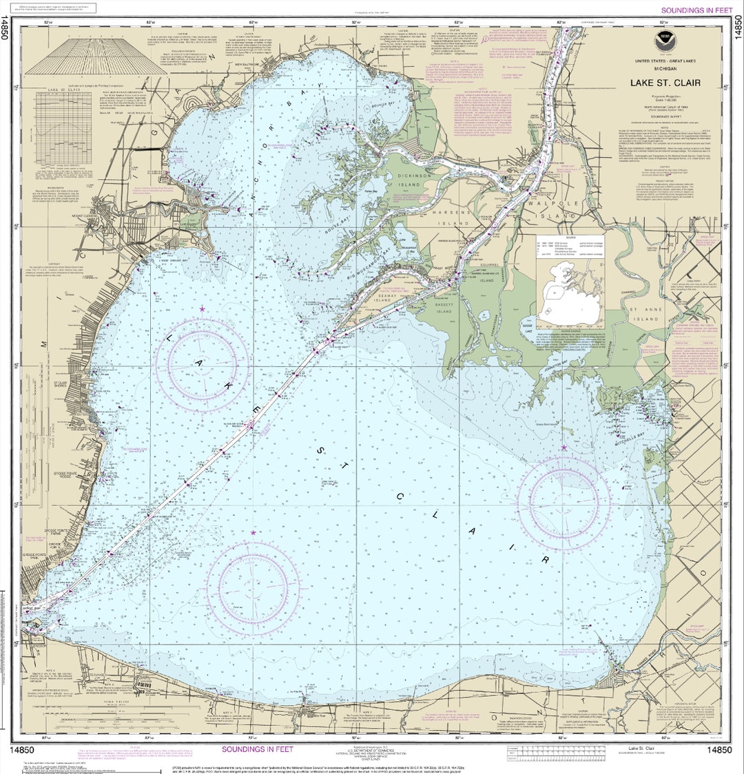 Great Lakes Nautical Chart, Lake St. Clair, Michigan, USA. Waterproof ...