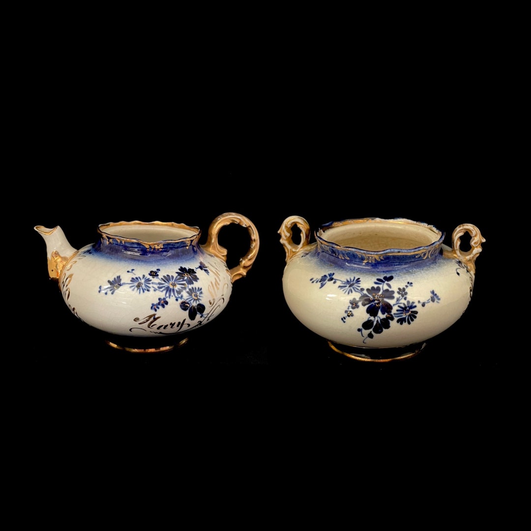 Victorian Flow Blue Antique Tea Pot & Sugar Bowl No Lids Hand Painted ...