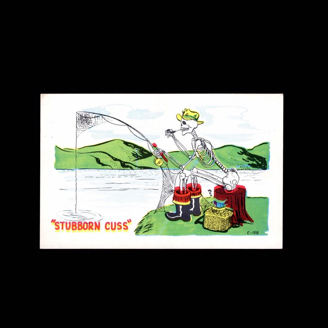 Vintage Comedic Postcard / Skeleton Fishing / Stubborn Cuss ! / Vintage ...