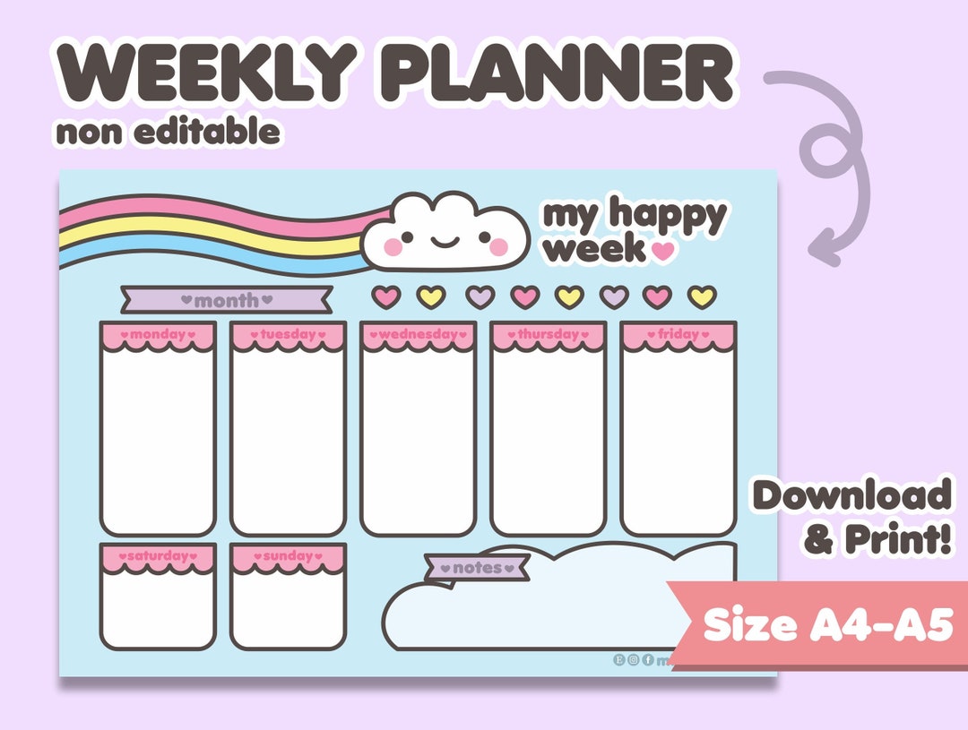 Rainbow Printable Weekly Planner Kawaii Digital Download and - Etsy