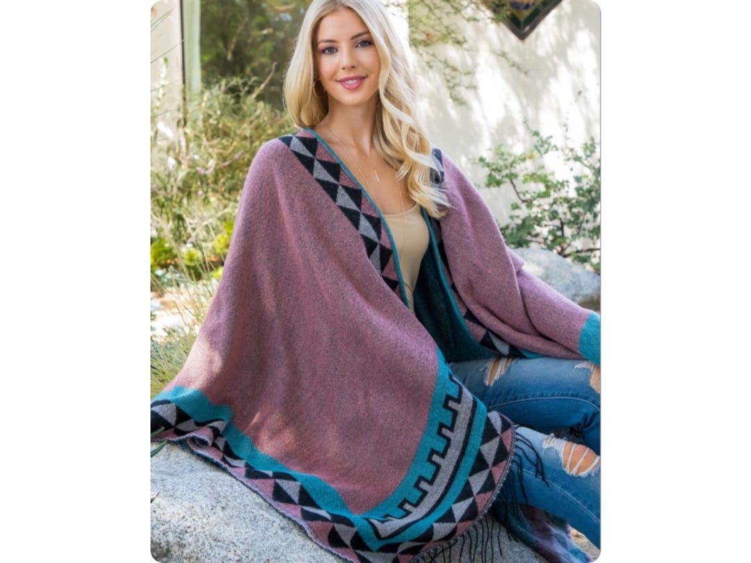 Casually Classy Mauve Turquoise Aztec Detail Kimono-open Front Shawl - Etsy