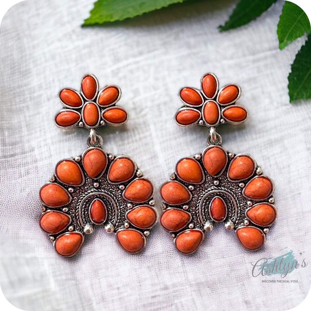 Western Iconic Coral Rust Stone Horseshoe Concho Earrings - Etsy