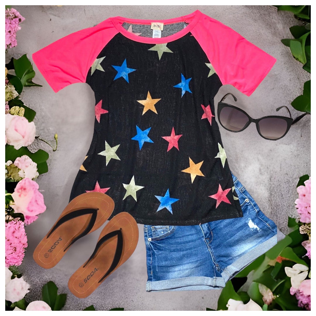 Ashlyns Vibrant Star Neon Pink and Black Raglan Top - Etsy