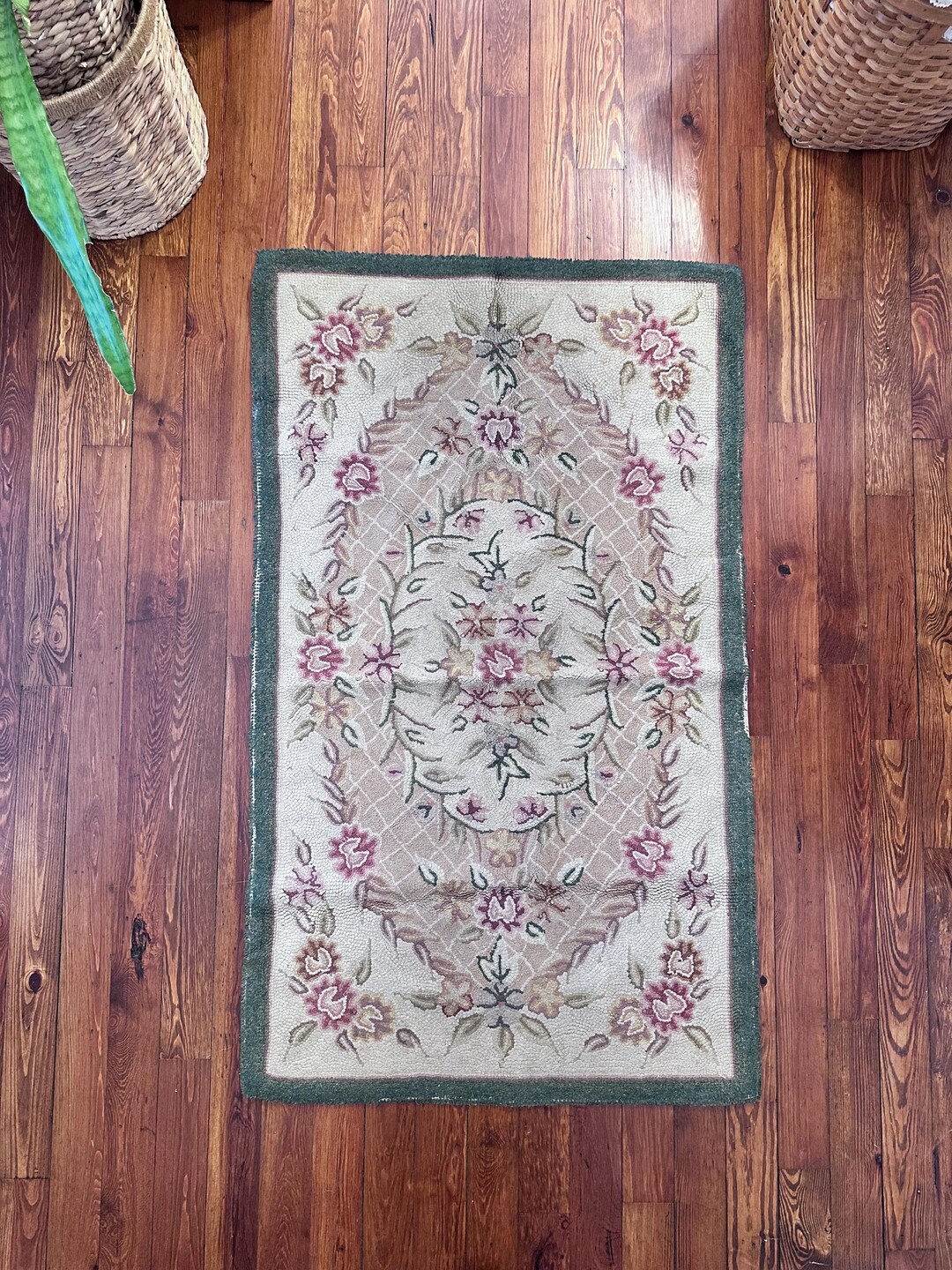 Vintage Hooked Throw Rug Floral Green, Pink, Yellow 33 X 55 Inch ...