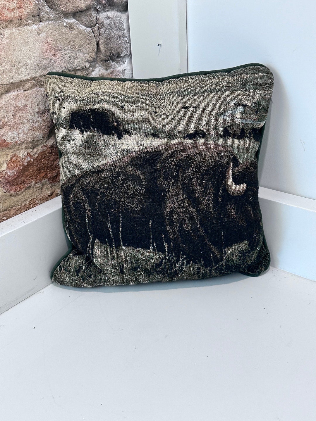 Vintage Buffalo Bison Tapestry Pillow, Rustic Country Farm Decor, Green ...