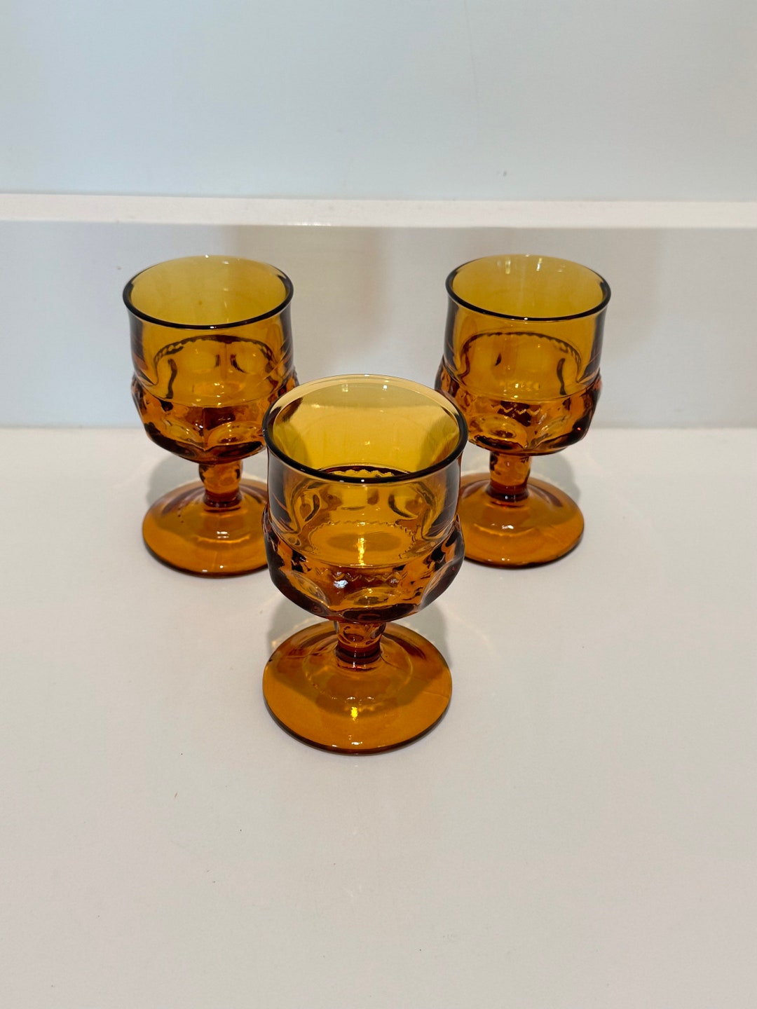 Set of 3 Vintage Amber Indiana Glass Goblets – Kings Crown Thumbprint ...