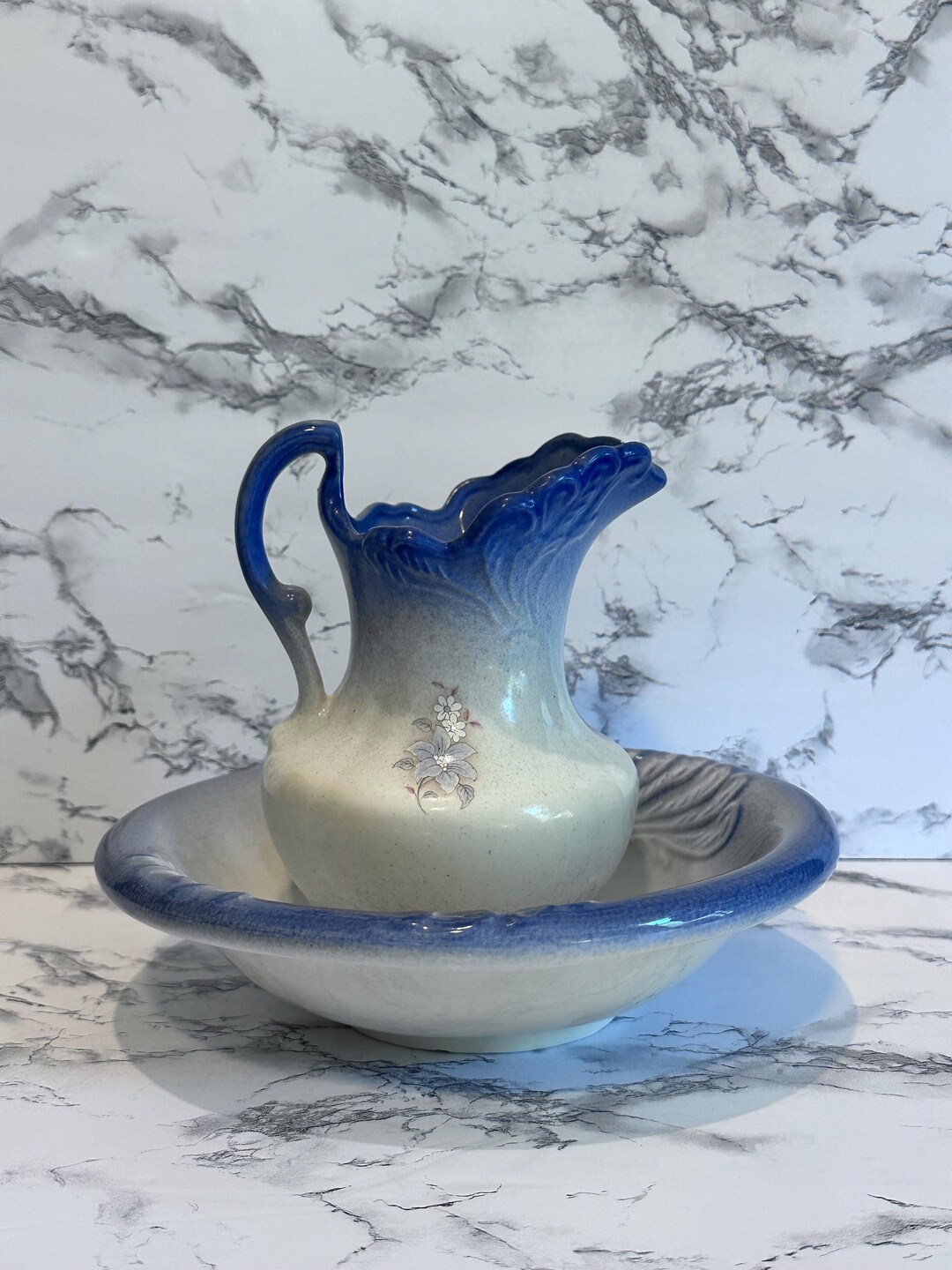 Vintage Small Pitcher and Bowl Set, Vintage Ironstone White and Blue ...