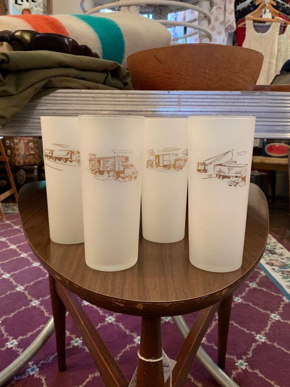 Retro MCM Frosted Big Rig Truck Glass Set Set of 4 Vintage | Etsy