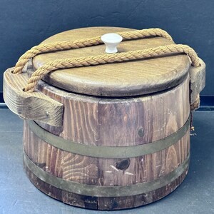 Vintage Wood Bucket With Rope Handles, Wood Firkin Sugar Water Beer ...