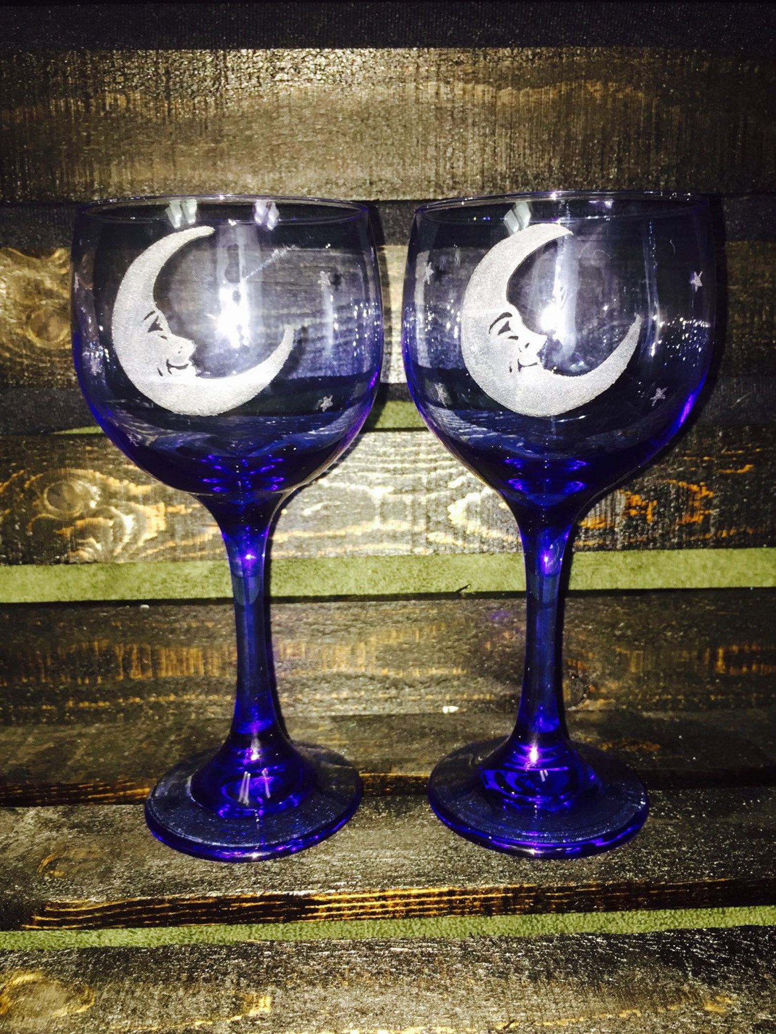 Moon with stars hand etched wine glass moon and stars moon | Etsy