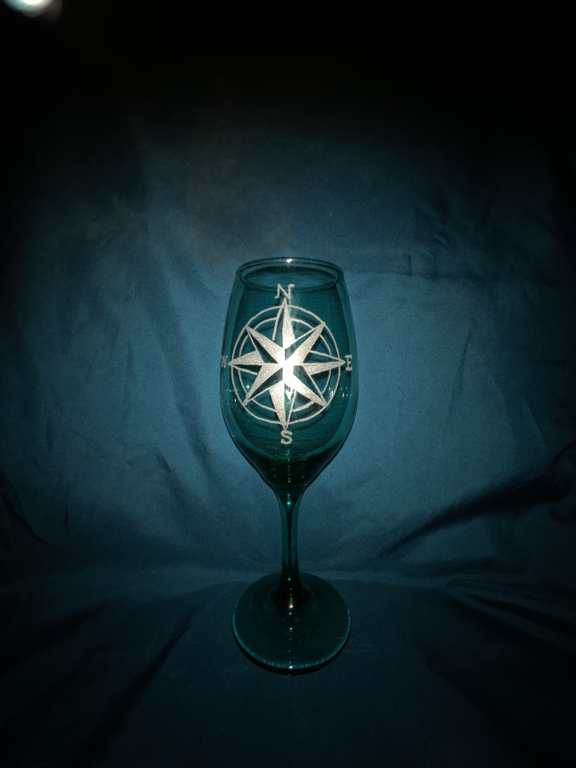 Rose Compass Hand Etched Stemmed Wine Glass - Rose Compass, Compass ...