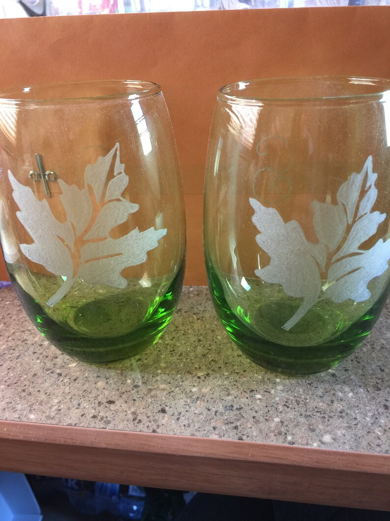 Maple Leaf Stemless Glass - Maple Leaves, Hand Etched, Engraved, Wine ...